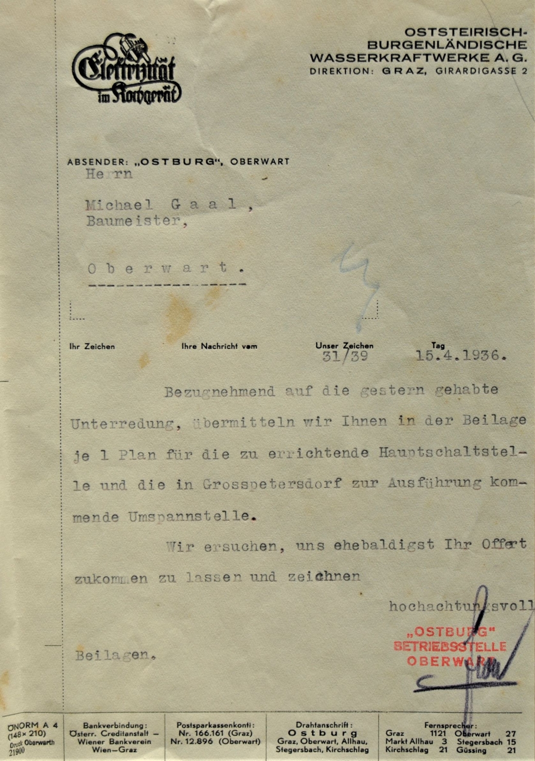 Ersuchen um Offertlegung zur Errichtung einer Hauptschaltstelle der Fa ...